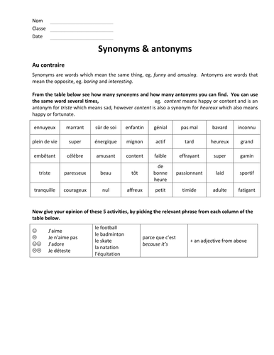 Synonyms and Antonyms - Table and Worksheet by - UK Teaching Resources ...