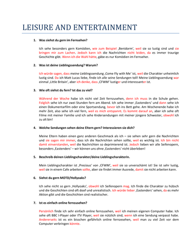 Leisure and Entertainment Speaking Questions | Teaching Resources