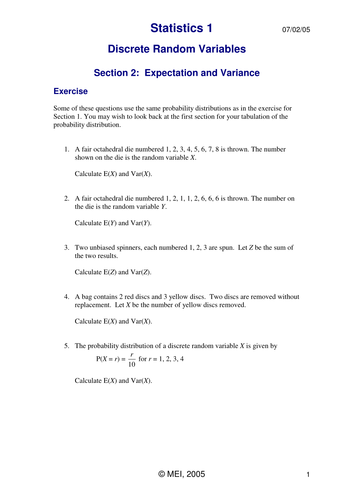 Expectation And Variance Worksheet Teaching Resources