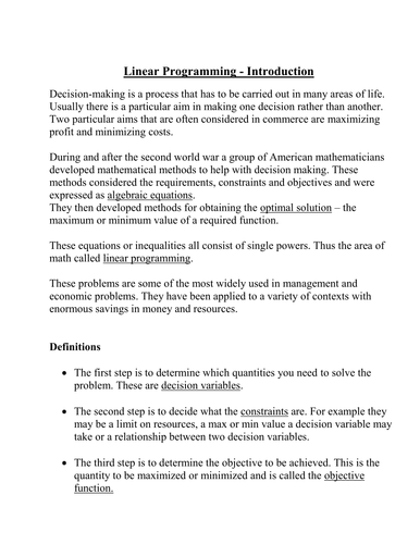 Linear programming Introduction | Teaching Resources Linear programming Introduction | Teaching Resources