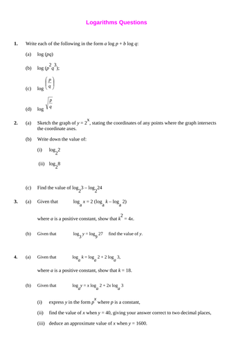 Logarithms Questions | Teaching Resources Logarithms Questions | Teaching Resources