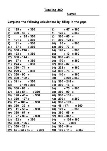 Addition Subtraction Handout Totalling 360 Teaching Resources