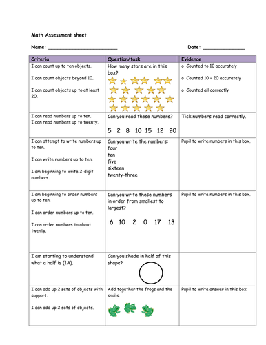 Math Assessment sheet | Teaching Resources