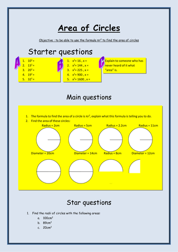 Area of circle Handout | Teaching Resources
