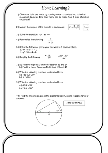 5 Higher Level Home Learning review Handout | Teaching Resources