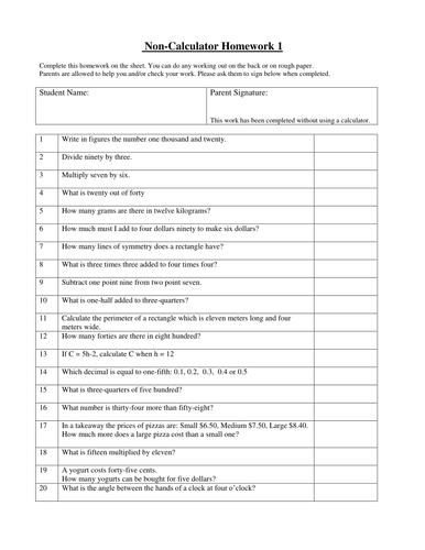 Non-Calculator Homeworks | Teaching Resources