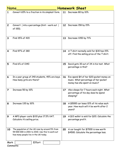 Homework Percentages | Teaching Resources