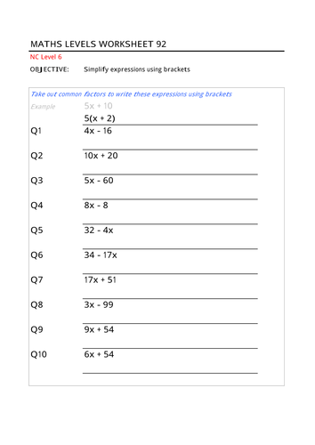 Simplifying Expressions using Brackets | Teaching Resources
