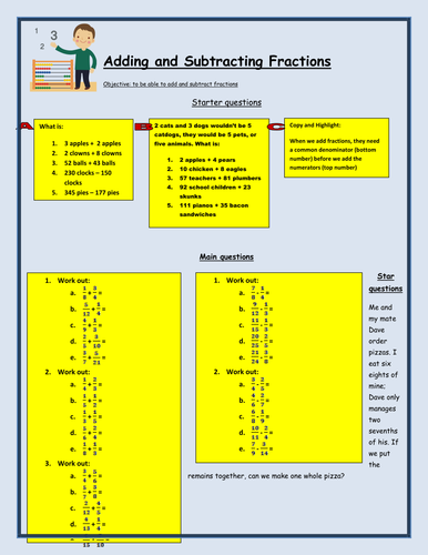 Adding and Subtracting Fractions Handout | Teaching Resources Adding and Subtracting Fractions Handout | Teaching Resources