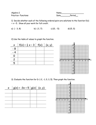 Algebra 1 Function Handout Teaching Resources