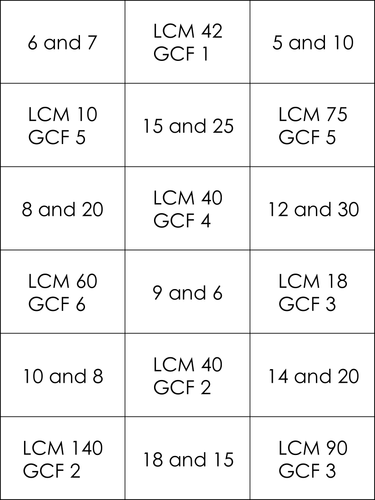 GCF and LCM mathcing cards | Teaching Resources