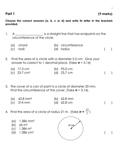 Circles Quiz (area and circumference | Teaching Resources