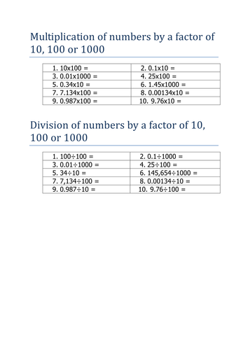 Multiplication/Division by a Factor of 10 | Teaching Resources