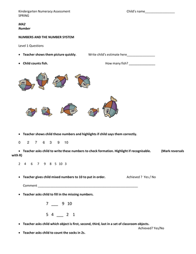 Kindergarten Numeracy Assessment | Teaching Resources