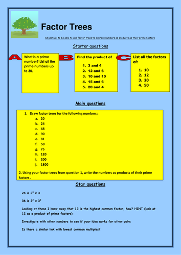 Factor Trees Worksheet | Teaching Resources