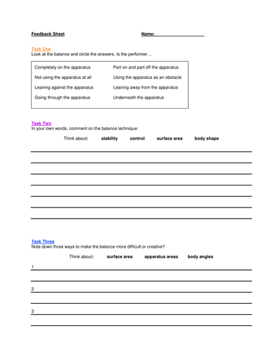 Feedback Worksheet For Balances | Teaching Resources