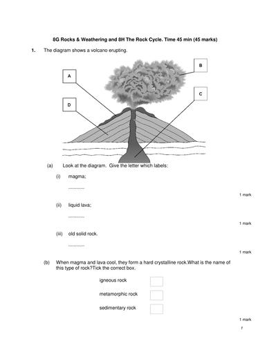 Rocks; weathering and rock cycle combined test | Teaching Resources