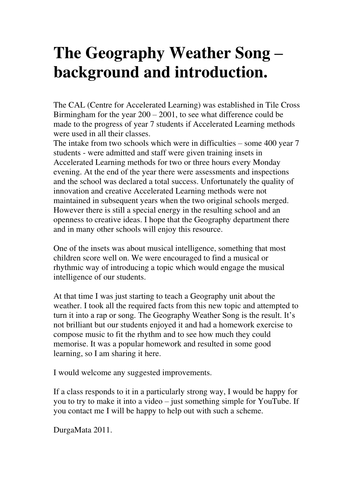 The Geography Weather Song | Teaching Resources