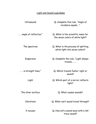 Light and Sound review Game | Teaching Resources