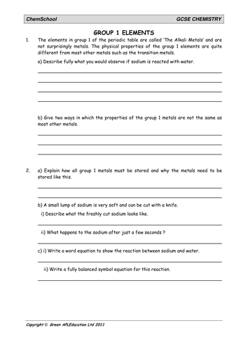 Group 1 Elements Worksheet by greenAPL - Teaching Resources - TES