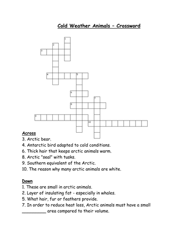 Cold Weather Animals Crossword | Teaching Resources
