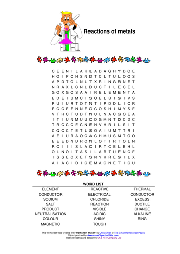 Reactions of metals wordsearch | Teaching Resources