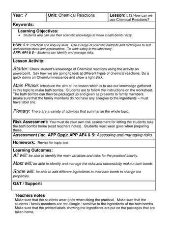 8th Grade Chemical Reactions - making bath bombs | Teaching Resources