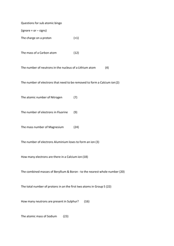 Sub Atomic Particle Bingo | Teaching Resources