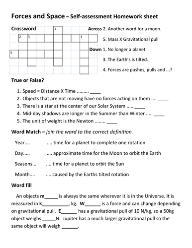 Forces & Space Self-assessed homework sheet | Teaching Resources