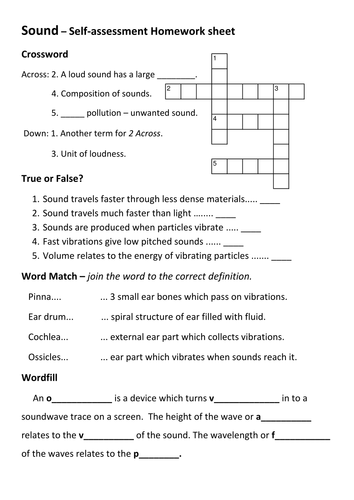 Sound Self-assessed homework sheet | Teaching Resources