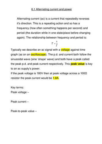 Alternating Current & Power Notes for Physics | Teaching Resources