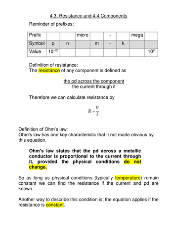 Resistance and Components Notes for Physics | Teaching Resources