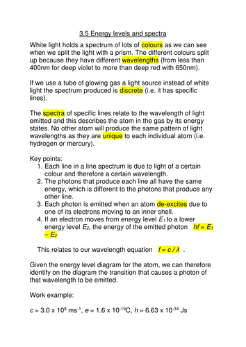 Energy Levels and Spectra Notes For Physics | Teaching Resources
