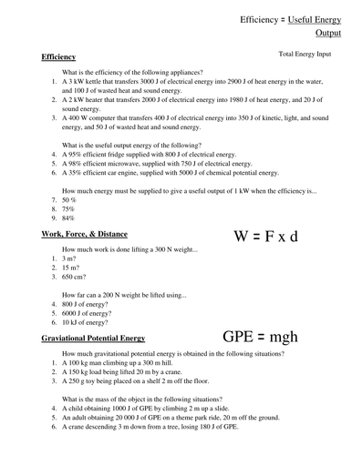 Handout- Energy Calculations | Teaching Resources