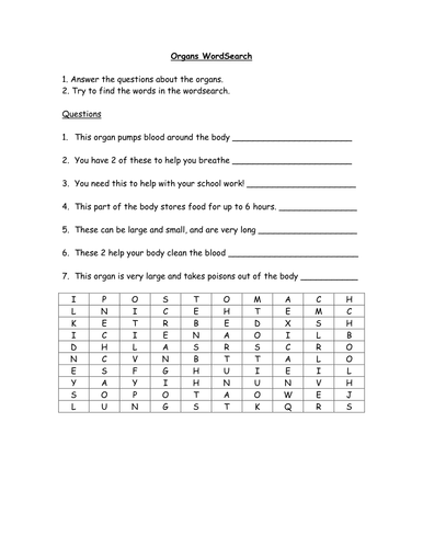 Organ wordsearch | Teaching Resources