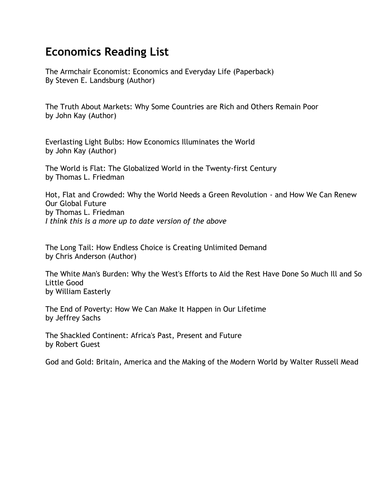 Economics Reading List | Teaching Resources