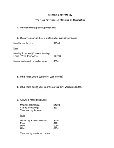 Managing Your Money Financial Literacy Teaching Resources
