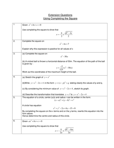 Completing the Square; Extension Questions. | Teaching Resources