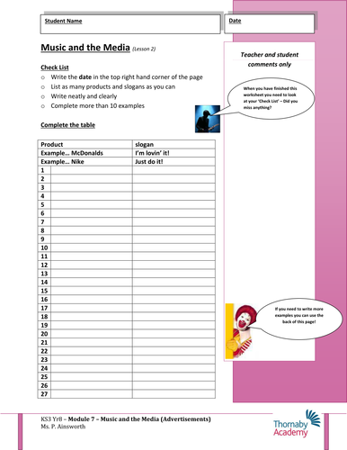 Music and the Media Handouts (Creating a jingle) | Teaching Resources