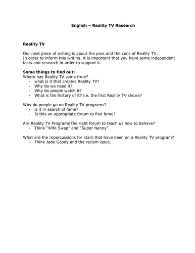 Reality TV – Researching Reality TV | Teaching Resources