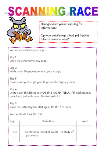 Scanning Dictionary Task Teaching Resources 