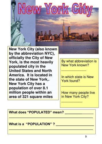 New York City FACT SHEET AND VOCABULARY BUILDING | Teaching Resources