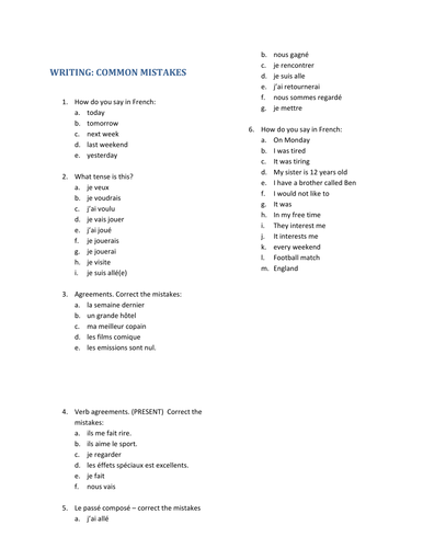 Common Writing Mistakes French | Teaching Resources