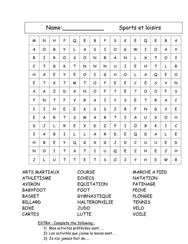 sports et loisirs - wordsearch | Teaching Resources