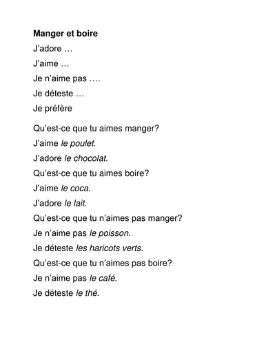 Manger et boire - giving opinions vocab | Teaching Resources