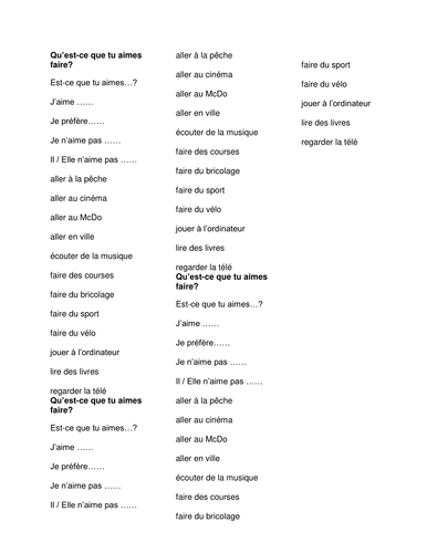 Qu'est-ce que tu aimes faire? | Teaching Resources