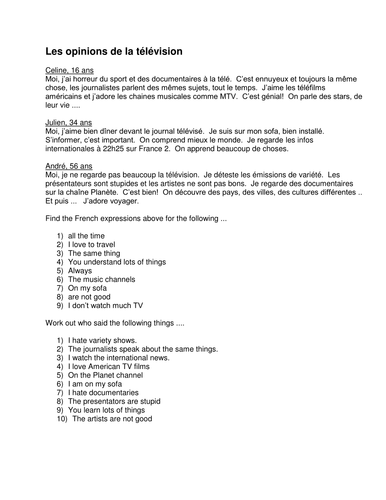 Les opinions de la télévision reading task | Teaching Resources