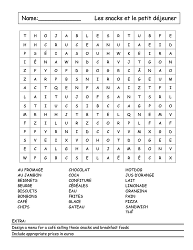 Snacks et le petit déjeuner- wordsearch | Teaching Resources