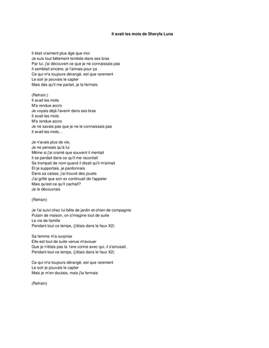 Chanson Il avait les mots de Sheryfa Luna | Teaching Resources Chanson Il avait les mots de Sheryfa Luna | Teaching Resources