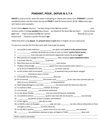 depuis; pendant; pour & il y a | Teaching Resources